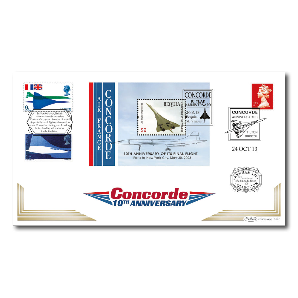 2013 Concorde Final Flight 10th Anniversary Benham 100 Cover - Bequia,