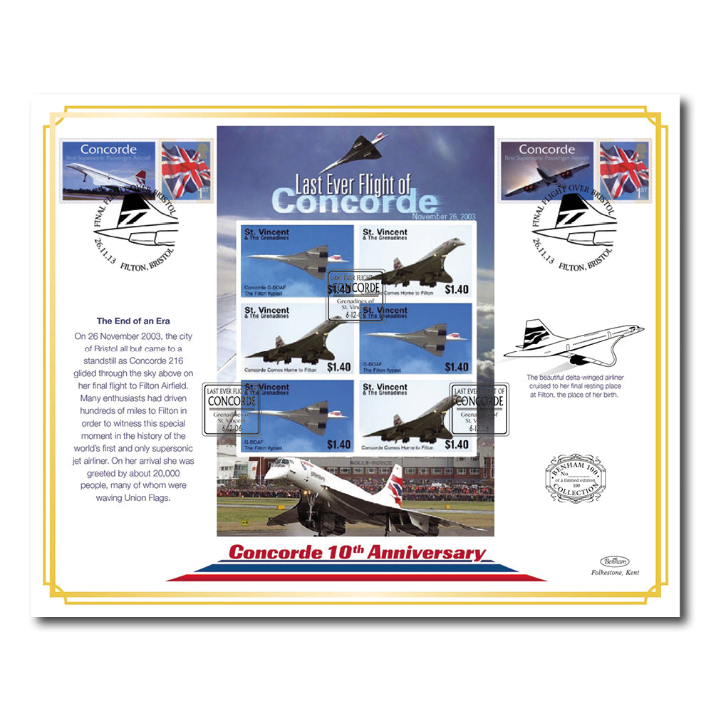 2013 Concorde Final Flight 10th Anniversary Benham 100 Cover - St. Vin